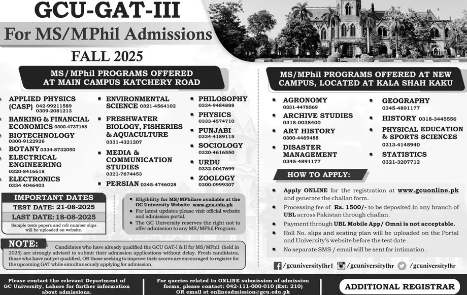 Government College University Lahore ( GCU) admission 2025 for Master ...